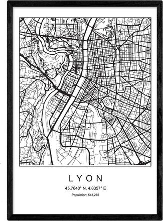 Nacnic Karte der Stadtkarte Lyon Nordic-Stil in Schwarzweiss. Poster A4 mit schwarzem Rahmen gedrucktes Papier 250 gr. Bilder, Bettw&auml;sche und Poster f&uuml;r Salo