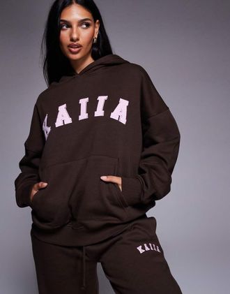 KAIIA Oversize-Kapuzenpullover in Schokobraun und Rosa mit Logo-Stickerei, Kombiteil-Bunt
