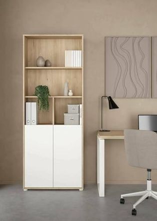 Dmora B&uuml;cherregal Rosalie, B&uuml;roregal, Mobiler Buchhalter, B&uuml;cherbrett, 80x34 h205 cm, Eiche und Wei&szlig;