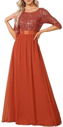 Ever-pretty Robe de Soirée Femme Longue Empire à Paillettes Élastique Mousseline Fluide Orange Caramel 42