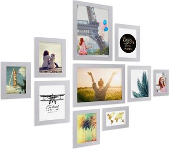 Photolini Bilderrahmen Set Silber, Fotorahmen Holz MDF, 10er Bilderrahmenset Wand Collage, photo frames for wall mit Acrylglas aufhängen, silberne Bilderrahmen 