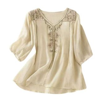 Generic T-shirt en lin pour femme - Col en V - Broderie d&eacute;t&eacute; - Nouvelle chemise litt&eacute;raire ample, beige, XXL