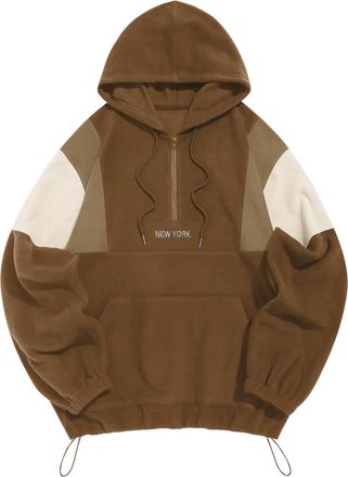 Zaful Vintage Farbblock Flauschig Polar Fleece Hoodie Herren Briefstickerei Halber Rei&szlig;verschluss Schulter absetzen Langarm Unisex Kapuzen-Sweatshirt (6-Kaf