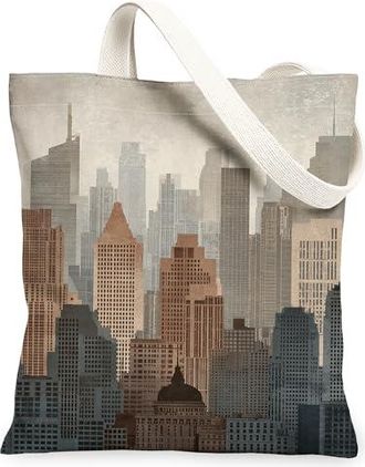Generic Sacs fourre-tout vintage en toile motif paysage urbain, sacs d&eacute;picerie r&eacute;utilisables, respectueux de lenvironnement, l&eacute;gers, lavables, marron, 13x15 I