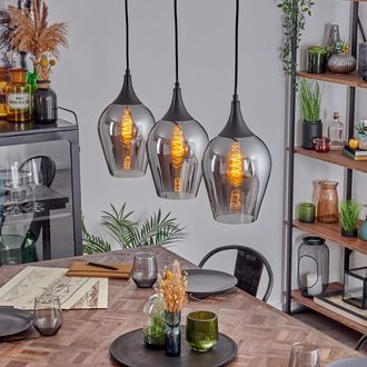 HOFSTEIN H&auml;ngeleuchte Lutarp, 3-flammige H&auml;ngelampe aus Metall/Glas in Schwarz/Rauchfarben, Retro/Vintage-Design (&Oslash; 18cm), E27, Pendelleuchte h&ouml;henverstellbar 