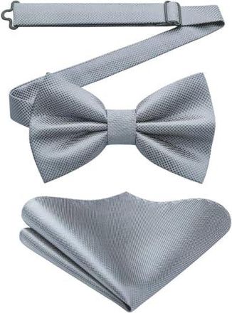 Hisdern Hommes Noeud Papillon Gris et Mouchoir avec Crochet déjà lié et Réglable Couleur Unie Noeuds Papillons Homme Carré de Poche Ensemble