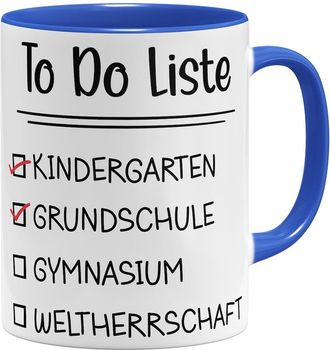 OM3 5. Klasse Tasse mit To Do Liste - Sextaner Gymnasium Gymi - Schulstart - Keramik Becher - 325ml - Beidseitig Bedruckt - Blau