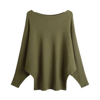 Generic Pull en tricot &agrave; manches chauve-souris et col bateau pour femme - Automne et hiver - Long pull chaud en tricot c&ocirc;tel&eacute;, vert militaire, Taille unique