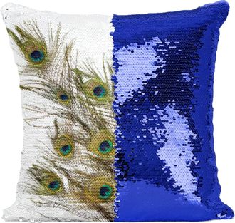 Fabulous Kissen mit Paillettenbezug Blau Pfauenfedern Vogel