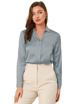 Allegra K Damen Satin Bluse Langarm Hemdkragen V-Ausschnitt Elegant Business Shirt Staubiges Blau S