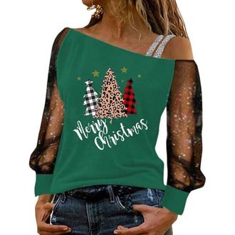 Generic T-Shirt Femme à Manches Longues et épaules dénudées | Blouse élégante en Dentelle Stretch pour Un Casual Quotidien (Dark Green, XXL)