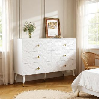 Furniture R Weißer Nightstand, Geometric Design, MDF and Particle Board Materials, 6-Drawer Storage, Modern Style, 120cm x 80cm x 40cm