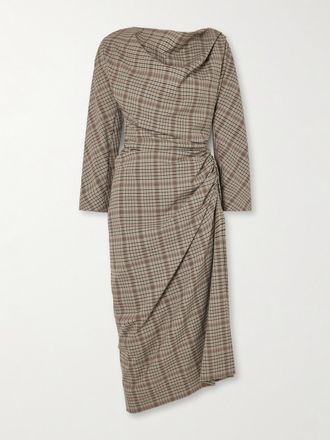 Dries Van Noten Robe Midi En Cr&ecirc;pe &Agrave; Carreaux, Fronces Et Drap&eacute;s - Marron