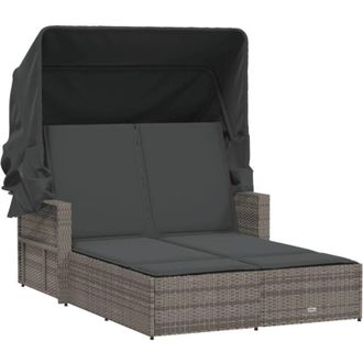 vidaXL Chaise longue double et auvent et coussins gris r&eacute;sine tress&eacute;e
