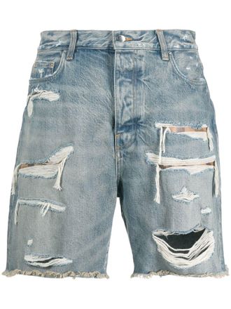 Amiri bermuda en jean &agrave; effet us&eacute; - Bleu