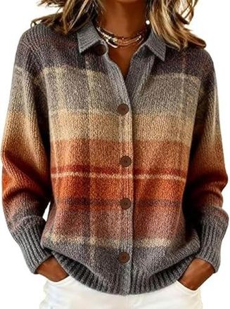 Generic Cardigan boutonn&eacute; d&eacute;contract&eacute; en coton pour femme, imprim&eacute; &agrave; carreaux, cardigan court en tricot, cardigan boutonn&eacute;, b, 4XL