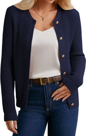 Grace Karin Strickjacke Damen Sommer Rundhals Kn&ouml;pfen D&uuml;nne Jacke Damen Herbst Elegant Bolero Damen Festlich Marineblau L