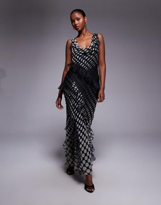 Asos Maxikleid mit Wasserfallausschnitt, R&uuml;schen und Oversize-Punktemuster-Bunt