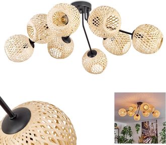 HOFSTEIN Deckenleuchte Basto, Deckenlampe aus Metall/Bambus in Schwarz/Natur, moderne Leuchte im Retro/Vintage/Boho-Design (Schirme &Oslash; 15 cm), Lichteffekt, 8 x 