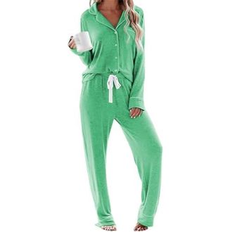 Generic Ensemble de pyjama 2 pi&egrave;ces &agrave; manches longues boutonn&eacute;es pour femme, col crant&eacute;, v&ecirc;tements de nuit, v&ecirc;tements de nuit doux, Vert, XXL