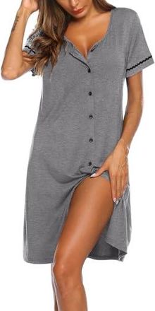 Ekouaer Chemise de Nuit pour Femme, Chemise de Nuit &Agrave; Manches Courtes, Chemise de Nuit Courte, Boutonn&eacute;e, V&ecirc;tements de Nuit, Gris, L