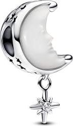 Pandora Moments 793594C01 Breloque en forme de lune et étoile polaire en argent sterling et oxyde de zirconium Compatible avec les bracelets Moments, Weiß, Ar
