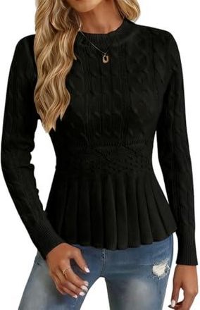 Generic Pull p&eacute;plum pour femme en tricot torsad&eacute;, d&eacute;contract&eacute;, col rond, coupe ajust&eacute;e, pull &agrave; volants en tricot torsad&eacute;, Noir, XXL-6XL