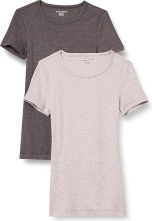 Amazon Essentials Damen Kurzärmeliges T-Shirt mit Rundhalsausschnitt, Schmale Passform, 2er-Pack, Dunkelgrau Meliert/Hellgrau Meliert, XXL