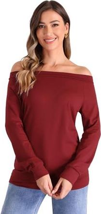 Allegra K Haut à Épaules Dénudées Femmes Chemisier Décontracté Col Bateau à Manches Longues Blouse en Tricot Pull Extensible Doux Rouge Foncé XL