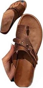Generic Tongs pour femme en cuir synth&eacute;tique r&eacute;tro &agrave; talon plat &agrave; bout ouvert, chaussures de marche, de plage, respirantes, d&eacute;contract&eacute;es, chaussures de voyag