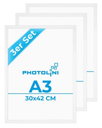 Photolini Bilderrahmen A3 Wei&szlig; Holz MDF, 3er Set A3 Bilderrahmen 30x42 wei&szlig;, DIN A 3 Rahmen mit Acrylglas, Picture Frame 42x30 zum Aufh&auml;ngen, Rahmen 42 x 30 mit