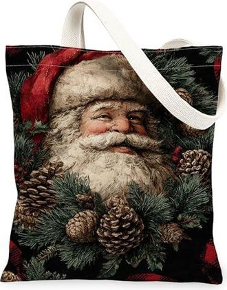 Generic Sacs fourre-tout en toile de No&euml;l, motif P&egrave;re No&euml;l vintage, sacs de courses l&eacute;gers et r&eacute;utilisables pour les vacances, les voyages, la plage, cadeaux 