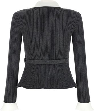 Self Portrait Ribbed with Contrast Cuffs Cardigan - Charcoal