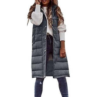 Generic Manteau dhiver sans manches long &agrave; capuche chaud avec poches - Veste dext&eacute;rieur matelass&eacute;e pour femme, gris fonc&eacute;, XXL