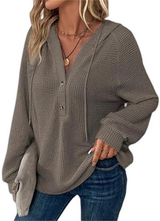 Generic Femmes Automne Hiver Mode Couleur Unie Manches Longues Col V Top avec Capuche Demi Boutonn&eacute; Cordon de Serrage Veste, gris fonc&eacute;, 3XL