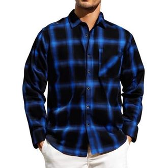 Generic Chemise &agrave; manches longues pour homme &agrave; carreaux - Coupe ample - Chemise &agrave; carreaux avec boutonni&egrave;re - Col rabattu - Chemise de travail - Confortable -