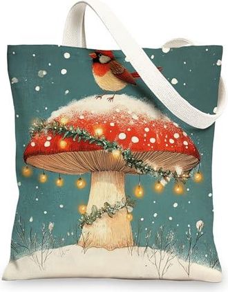 Generic Sac fourre-tout dhiver en toile motif champignon de No&euml;l pour faire du shopping, 33 x 38,1 cm, motif cardinal amusant de No&euml;l, sac d&eacute;picerie r&eacute;utilisa