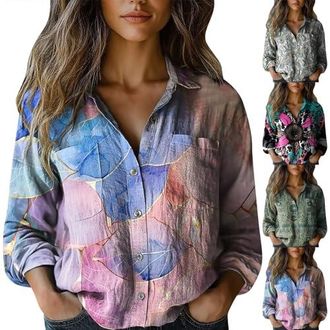 Generic HUIFUAO Chemise Femme Lin Coton Manche Longue Shirt Grande Taille Chemise et Blouses Chic et &eacute;l&eacute;gant Haut Basique Imprim&eacute; Tunique Tops avec Poche (A07
