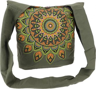 Guru Shop Bestickte Boho Tasche, Schulterbeutel mit Mandala, Nepalbeutel - Olivgrün/lemon, Unisex - Erwachsene, Baumwolle, 33x37x20 cm