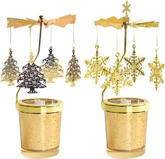 Generic 2 Weihnachtskerzenhalter, drehbares Teelichtkarussell, goldfarbenes Schneeflocken- und Baum-Design (Kerzen nicht im Lieferumfang enthalten)