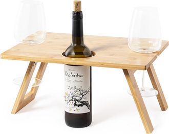 noTrash2003 Weinliebhaber Tablett Frühstückstablett Bambus Bett-Tablett Serviertablett Betttisch mit klappbaren Beinen für 2 Gläser und 1 Flasche auch für Picknic