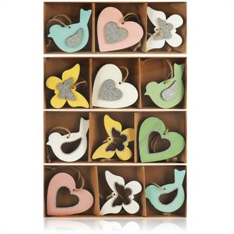 Com-Four 12x Dekoaufh&auml;nger aus Holz mit Glitzer - Schmetterling, Herz und Vogel zum Aufh&auml;ngen - Fr&uuml;hlingsdekoration (12 St&uuml;ck - 5 Farben)