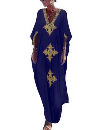 Bsubseach Gold Stickerei Lange Kaftan Kleider V-Ausschnitt Kaftan Kleid Strand Cover Ups für Frauen Dunkelblau