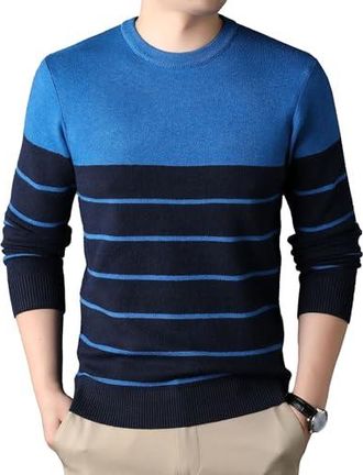 Generic Pull &agrave; col ras du cou pour homme, l&eacute;ger, &agrave; rayures aux couleurs contrast&eacute;es, pull fin et doux en tricot, bleu 2, XL