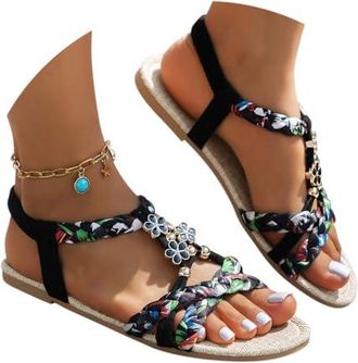 Minetom Femme Sandales Plates &Eacute;t&eacute; Boho Confortables Bout Ouvert Tongs de Plage Chaussures D&eacute;contract&eacute;es A Noir 39 EU