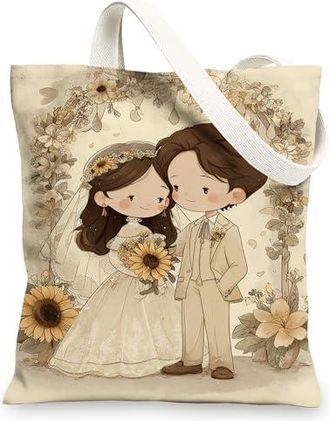 Generic Sacs fourre-tout en toile à motif floral, motifs de couple mignon, sacs de courses réutilisables, vintage, rustiques, légers, lavables, beige, 13x15 I