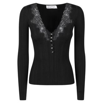 Self Portrait Femme, Tops, Noir, Taille: 42 FR Haut en Tricot avec Garniture en Dentelle
