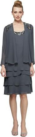 S.L. Fashions Robe Veste &agrave; Paillettes &agrave; Volants orn&eacute;e (Petite et r&eacute;gulier) Occasion sp&eacute;ciale, Acier, 42 Femme