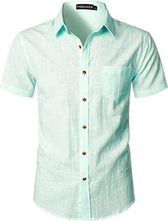 PARKLEES Chemise moulante en coton et lin pour homme - Manches courtes - Boutonnière légère - Haut de plage avec poche, Aqua Sky., XL