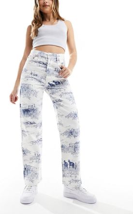 Levi's Ribcage - Jean droit longueur cheville &agrave; imprim&eacute; bleu marine - Blanc